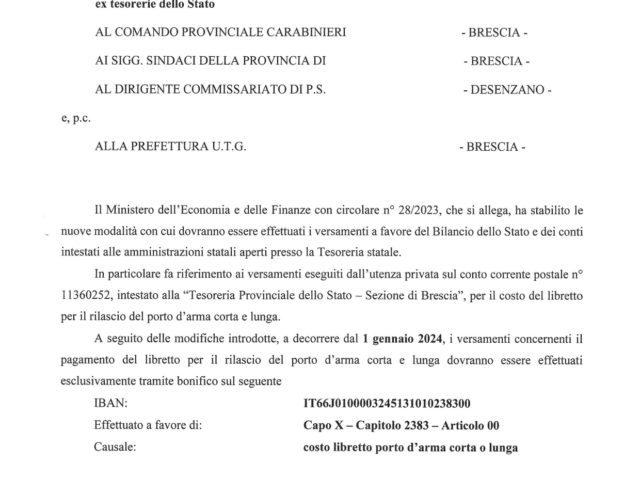 VARIAZIONE MODALITA' PAGAMENTO LIBRETTO QUESTURA - Federcaccia Brescia